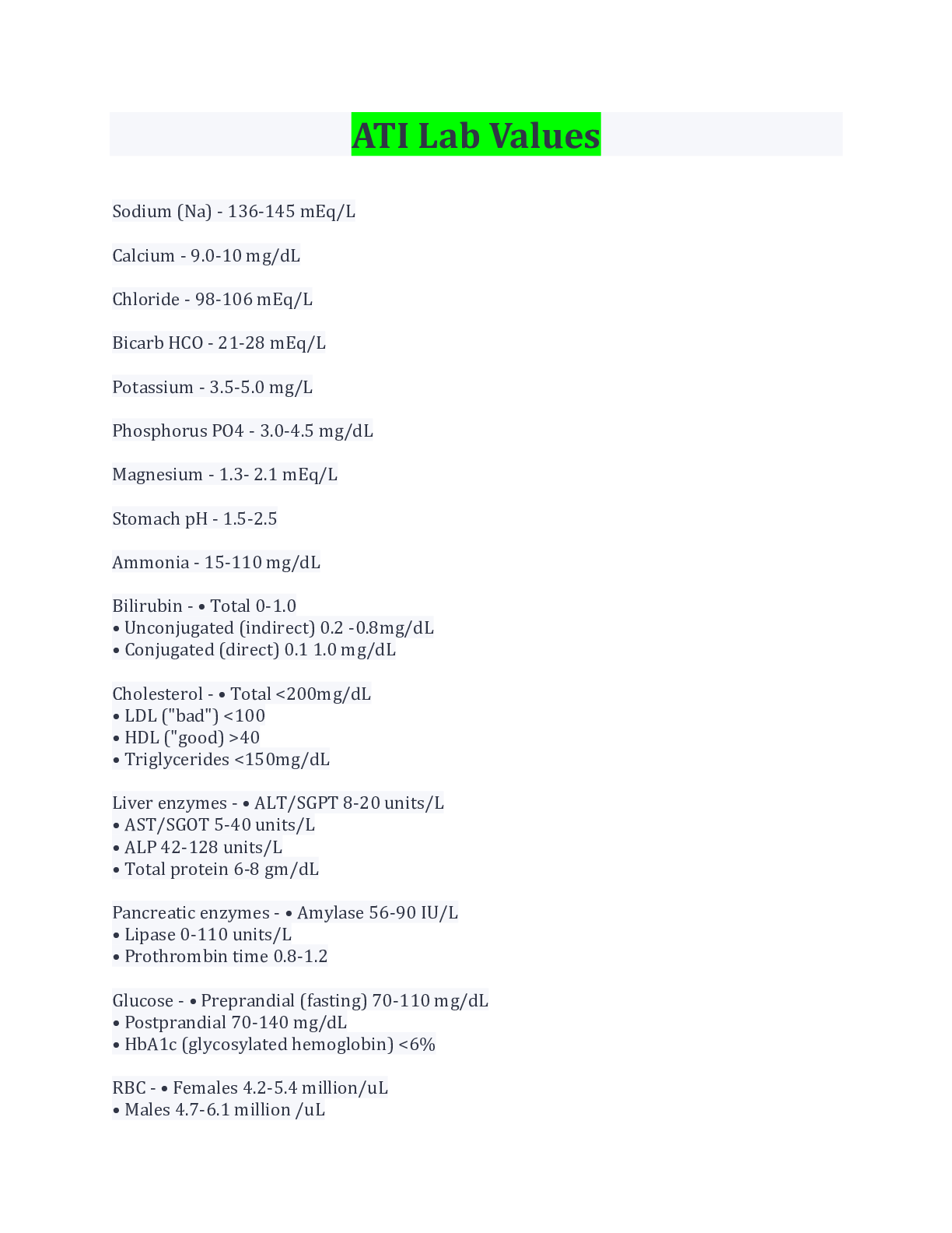 ATI Lab Values - Scholarfriends